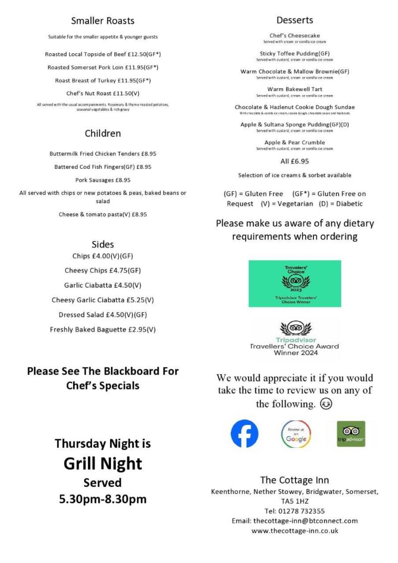 Menus - The Cottage Inn