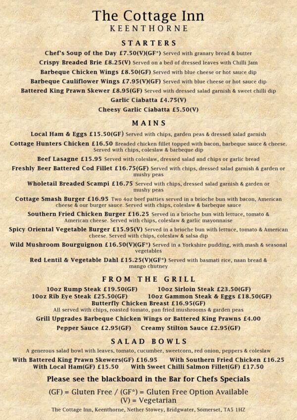 Menus - The Cottage Inn