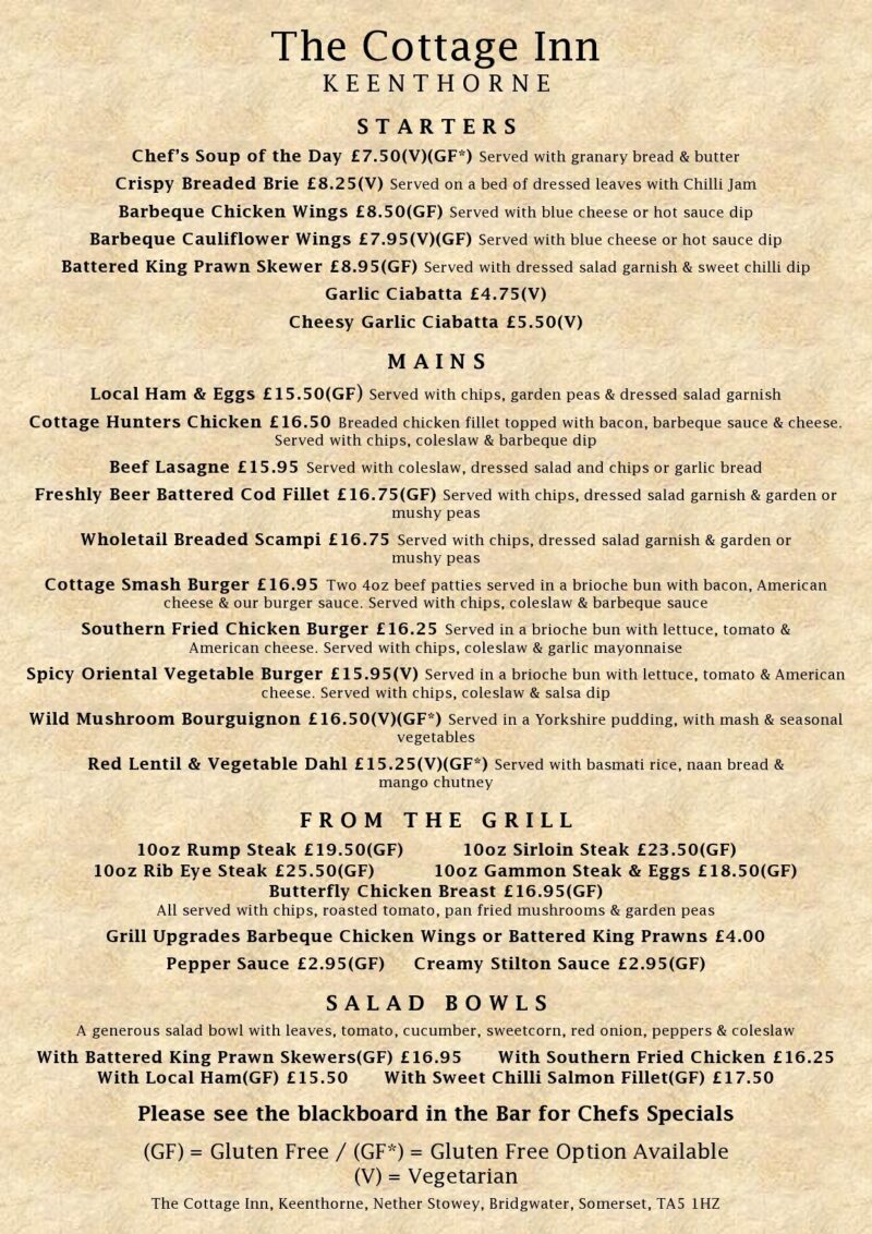 Menus - The Cottage Inn
