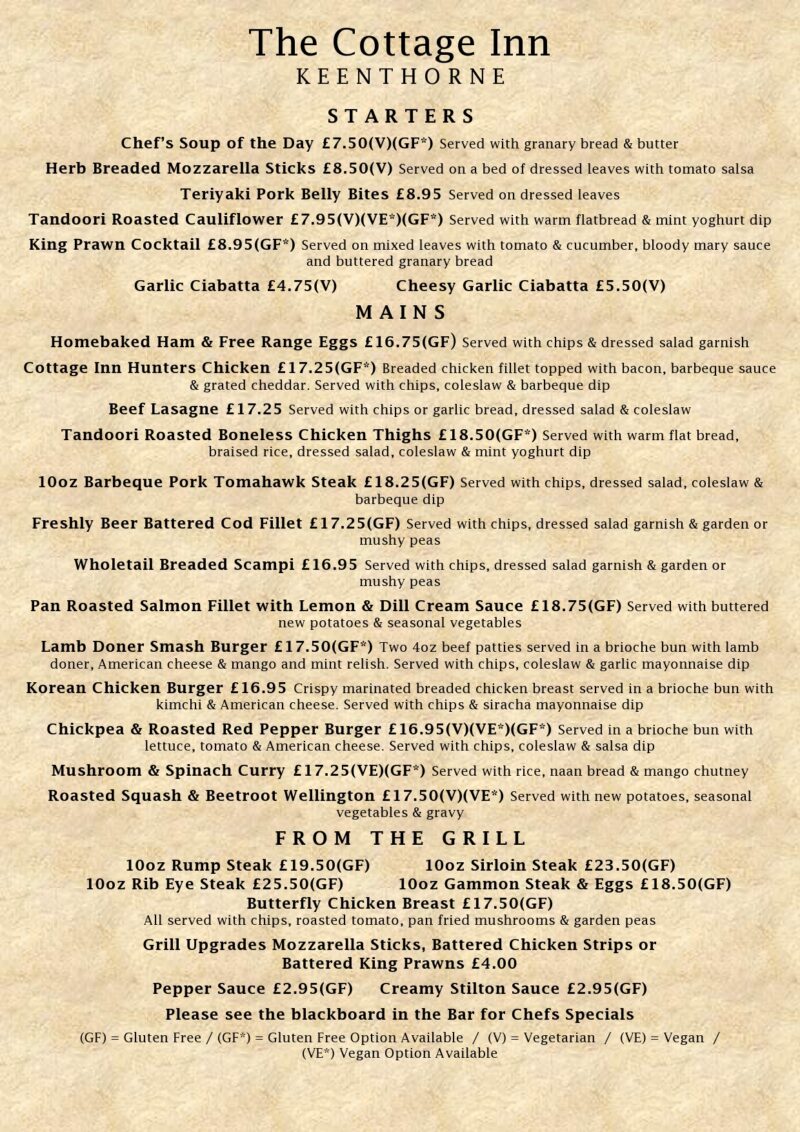 Menus - The Cottage Inn